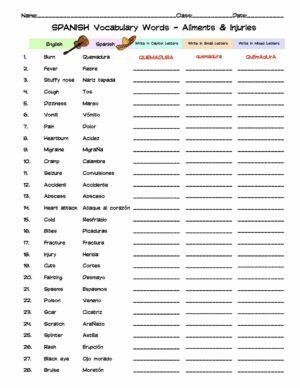 Spanish People Descriptions Vocabulary Word List Column Worksheet ...