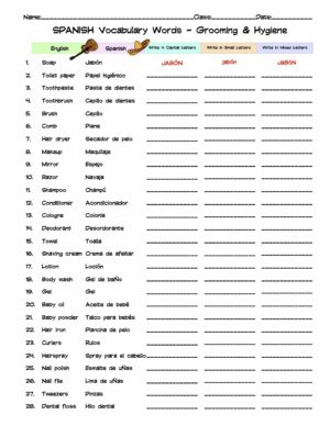 Spanish Grooming & Hygiene Vocabulary Word List Column Worksheet | Made ...
