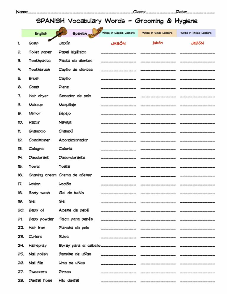 Spanish Food Adjective Vocabulary Word List Column Worksheet | Made By ...