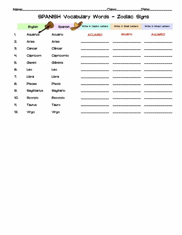 Spanish Zodiac Signs Vocabulary Word List Column Worksheet | Made By ...