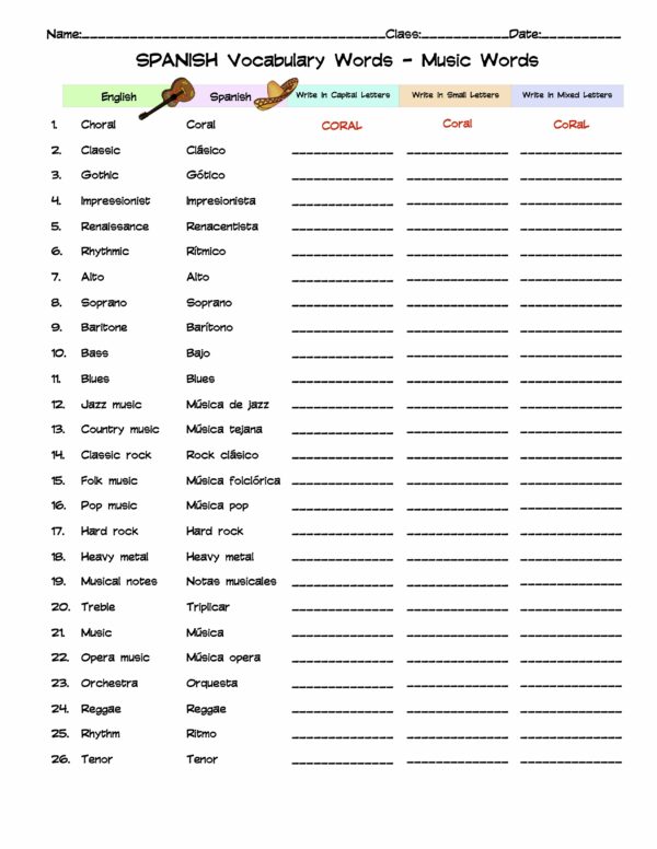 Spanish Music Vocabulary Word List Column Worksheet | Made By Teachers