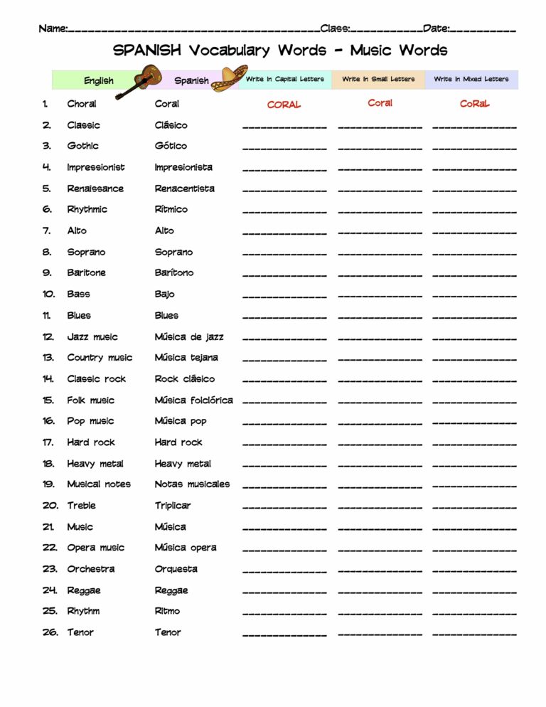 Spanish Music Vocabulary Word List Column Worksheet | Made By Teachers