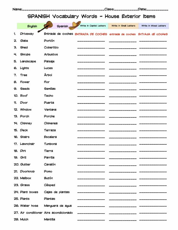 Spanish House Exterior Items Vocabulary Word List Column Worksheet ...