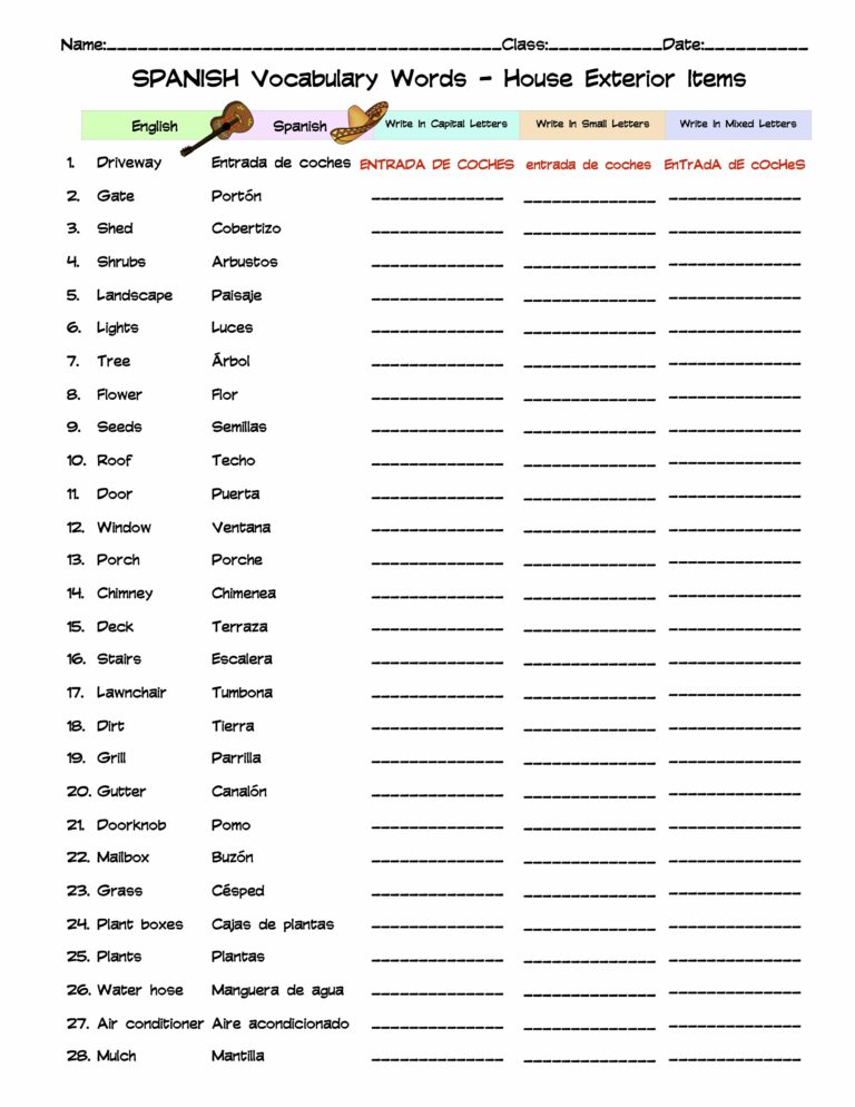 Spanish House Exterior Items Vocabulary Word List Column Worksheet ...