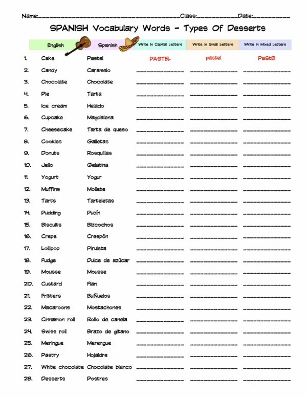 Spanish Types Of Desserts Vocabulary Word List Column Worksheet | Made ...
