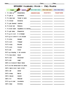 Spanish Daily Routine Vocabulary Word List Column Worksheet | Made By ...