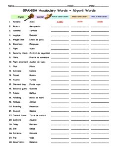Spanish Airport Words Vocabulary Word List Column Worksheet | Made By ...