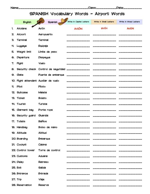 Spanish Airport Words Vocabulary Word List Column Worksheet | Made By ...