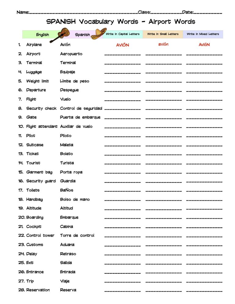 Spanish Airport Words Vocabulary Word List Column Worksheet | Made By ...