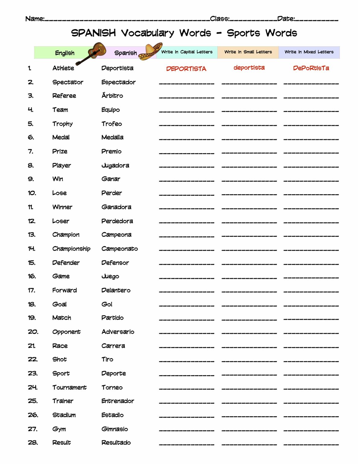 Spanish Sports Words Vocabulary Word List Column Worksheet | Made By ...