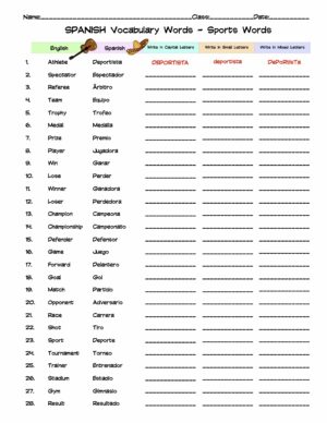 Spanish Sports Words Vocabulary Word List Column Worksheet | Made By ...