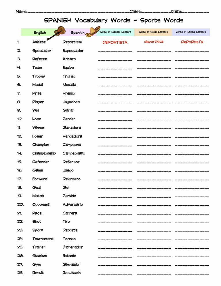 Spanish Sports Words Vocabulary Word List Column Worksheet | Made By ...