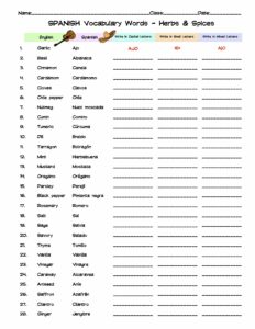Spanish Herbs & Spices Vocabulary Word List Column Worksheet | Made By ...