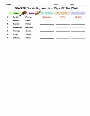 Spanish Days Of The Week Vocabulary Word List Column Worksheet | Made ...