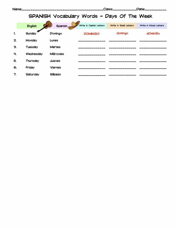 Spanish Days Of The Week Vocabulary Word List Column Worksheet | Made ...