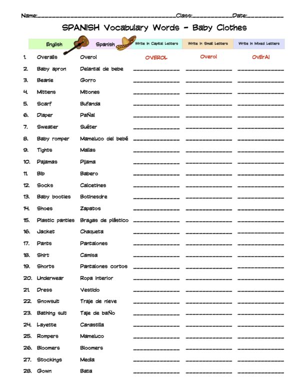 Spanish Baby Clothes Vocabulary Word List Column Worksheet | Made By ...