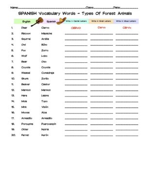 Spanish Types Of Forest Animals Vocabulary Word List Column Worksheet ...