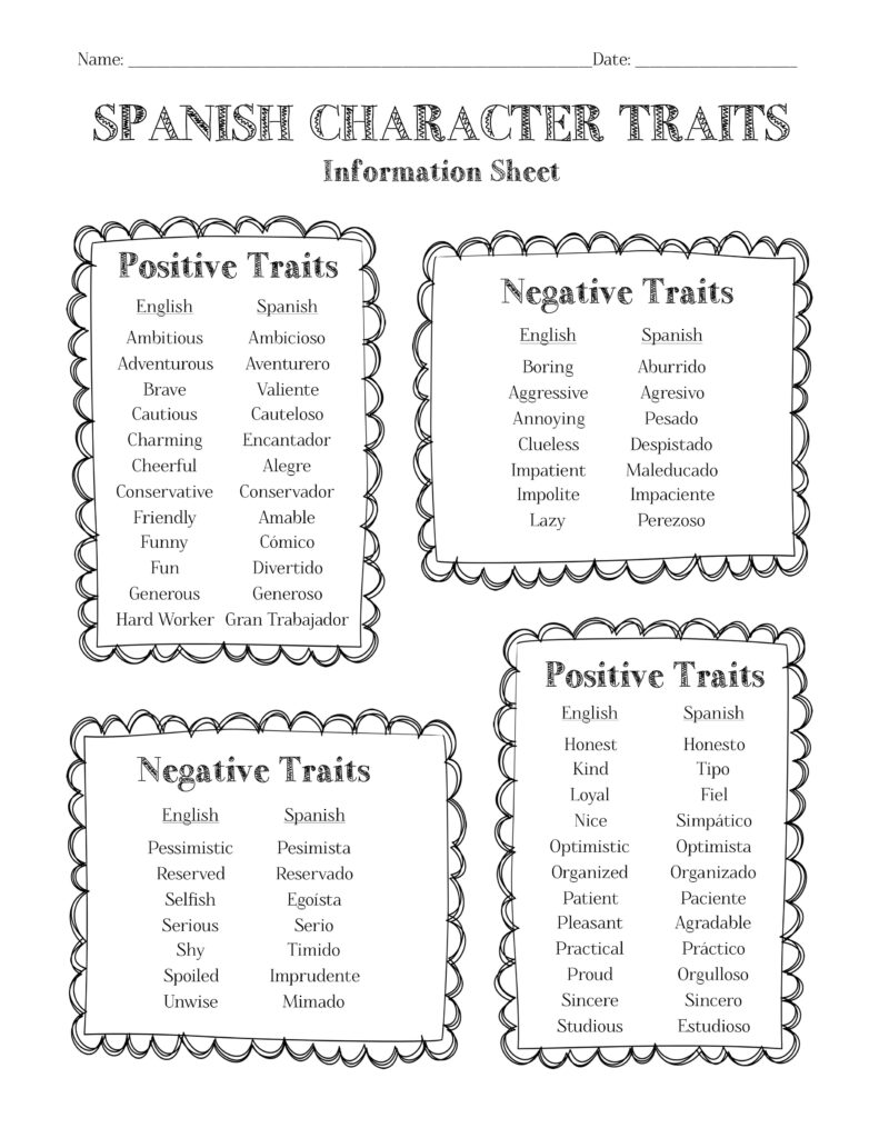 Spanish Character Traits Information Sheet Worksheet Answer Key