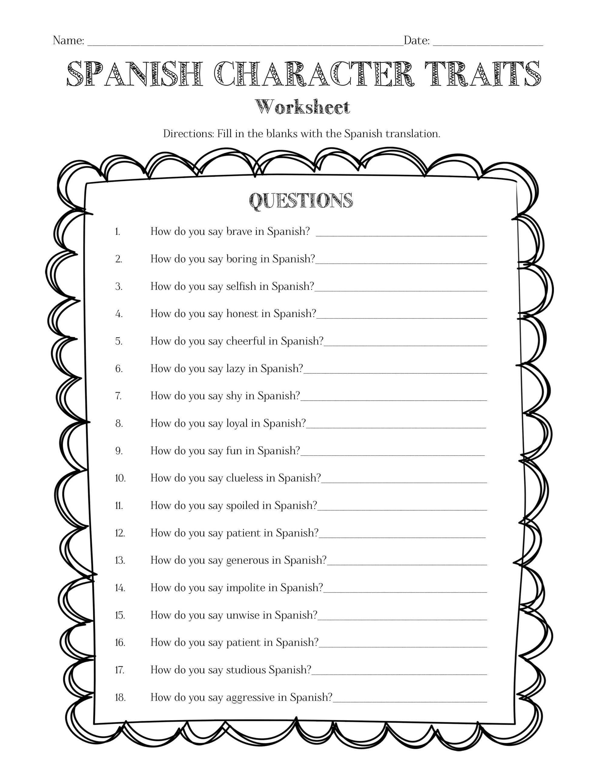 Spanish Character Traits Information Sheet, Worksheet & Answer Key ...