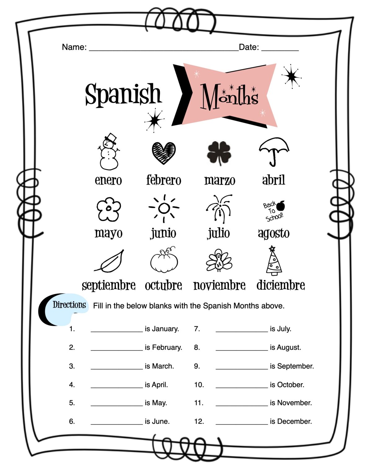 Spanish Months & Seasons Vocabulary Matching Worksheet & Answer Key ...