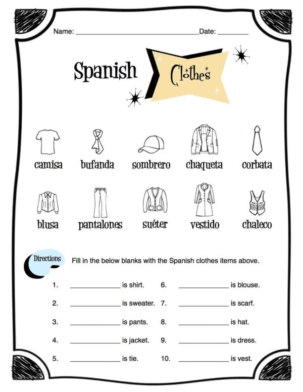 Spanish Clothing Items Worksheet Packet | Made By Teachers