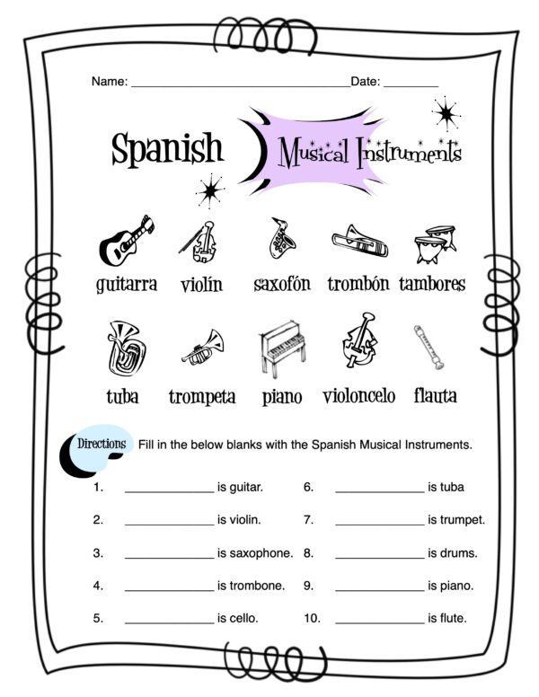 Spanish Musical Instruments Worksheet Packet | Made By Teachers