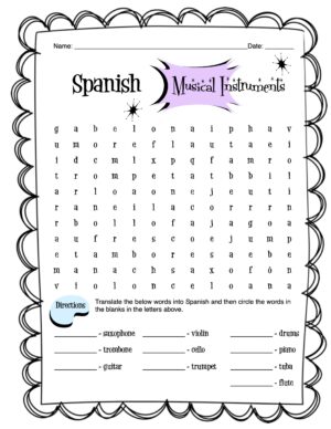 Spanish Musical Instruments Worksheet Packet | Made By Teachers