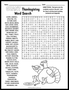 GIANT / HARD NO PREP THANKSGIVING Vocabulary Word Search Puzzle ...