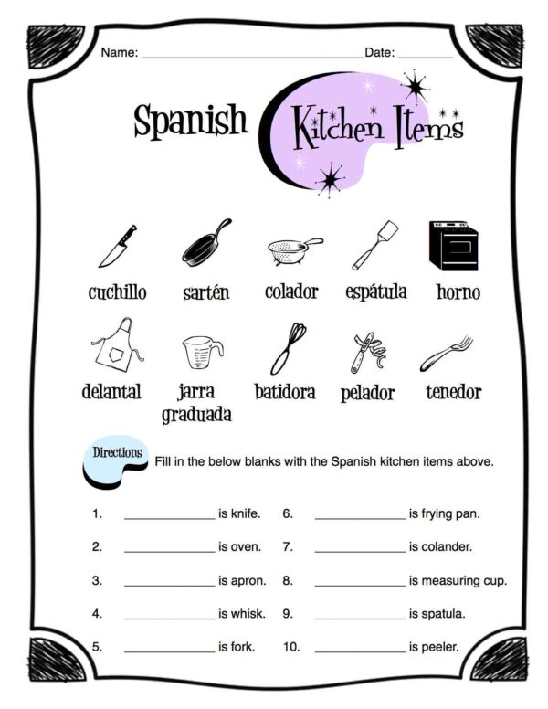 Spanish Kitchen Items Worksheet Packet | Made By Teachers
