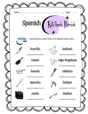 Spanish Kitchen Items Worksheet Packet | Made By Teachers