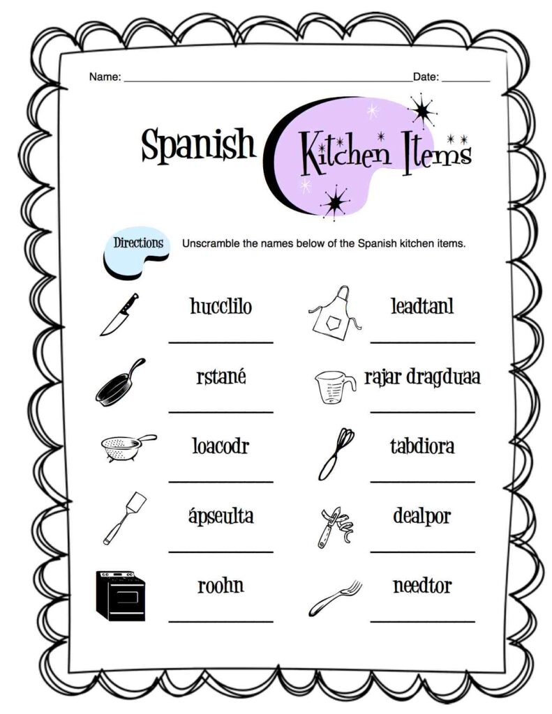 Spanish Kitchen Items Worksheet Packet | Made By Teachers