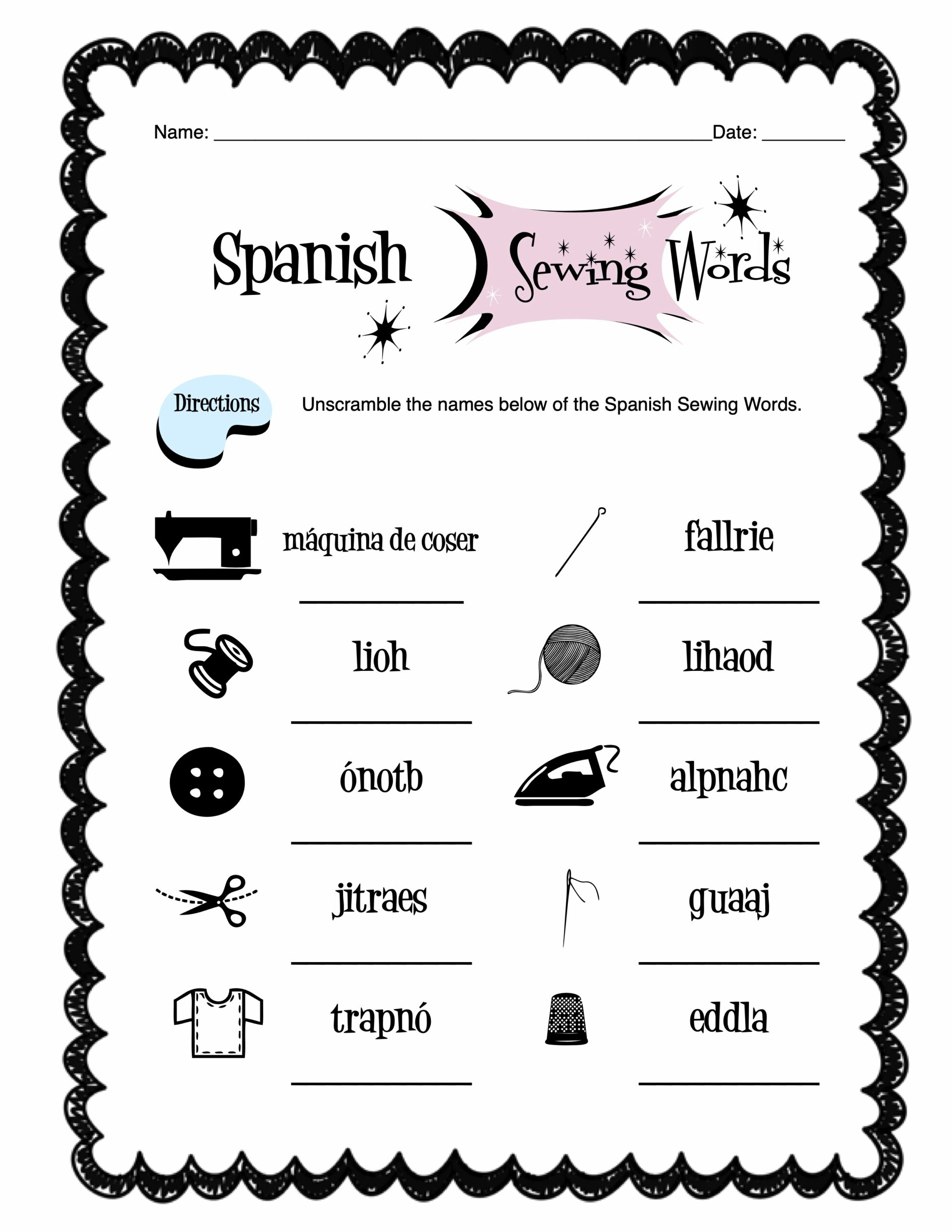 Spanish Sewing Words Worksheet Packet | Made By Teachers