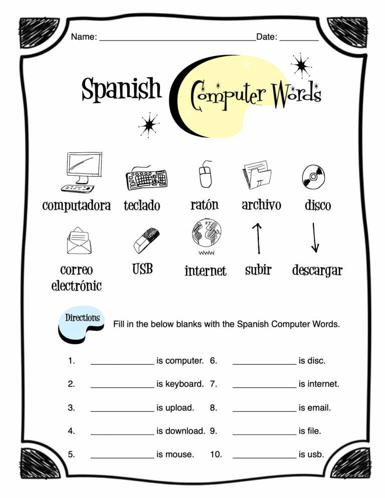 Spanish Computer & Tech Words Worksheet Packet | Made By Teachers