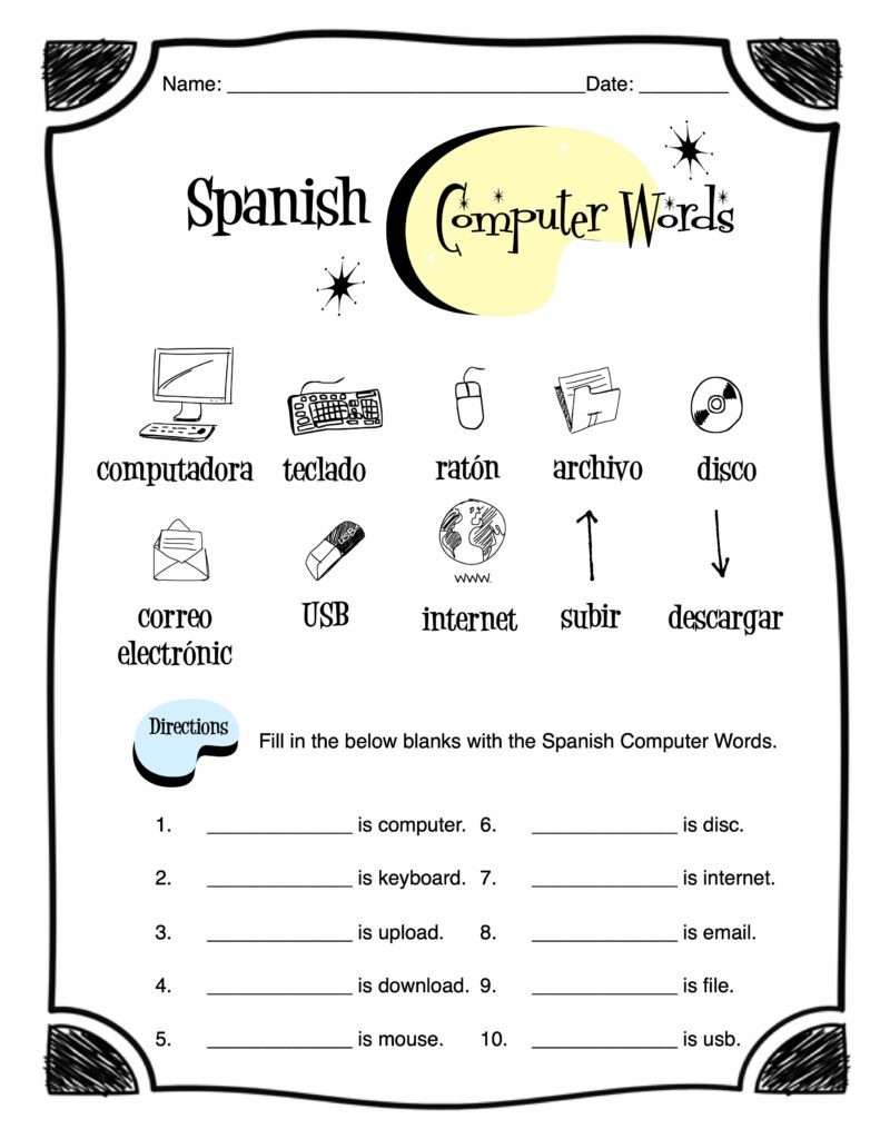 Spanish Computer & Tech Words Worksheet Packet | Made By Teachers