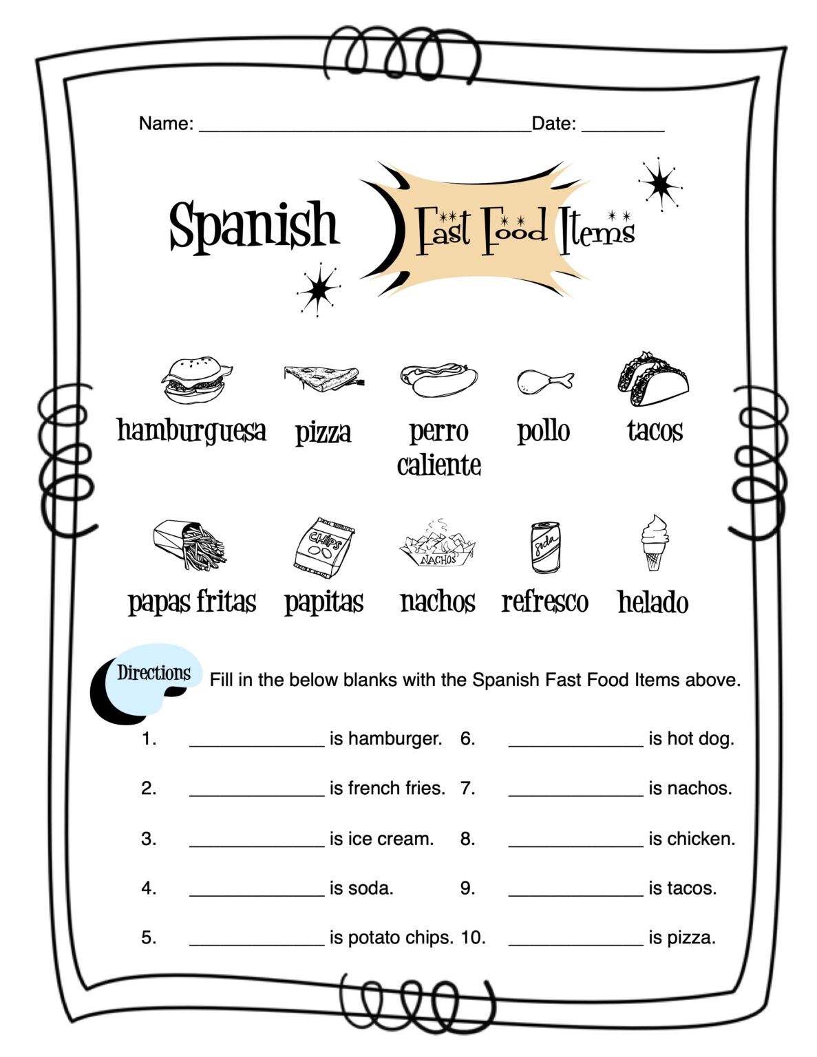 Spanish Fast Food Items Worksheet Packet - Made By Teachers