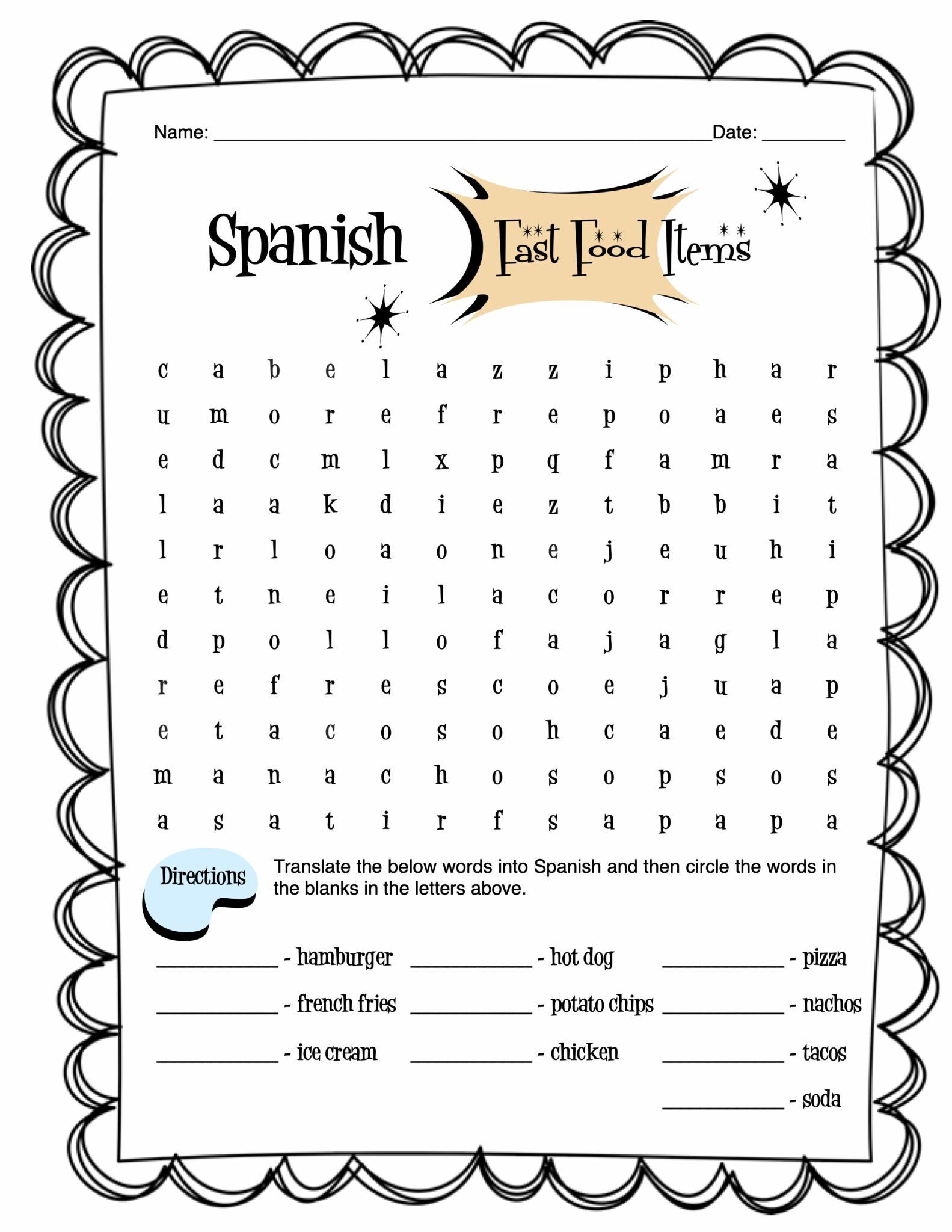 Spanish Fast Food Items Worksheet Packet | Made By Teachers