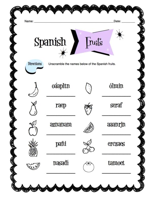 Spanish Fruits Worksheet Packet | Made By Teachers