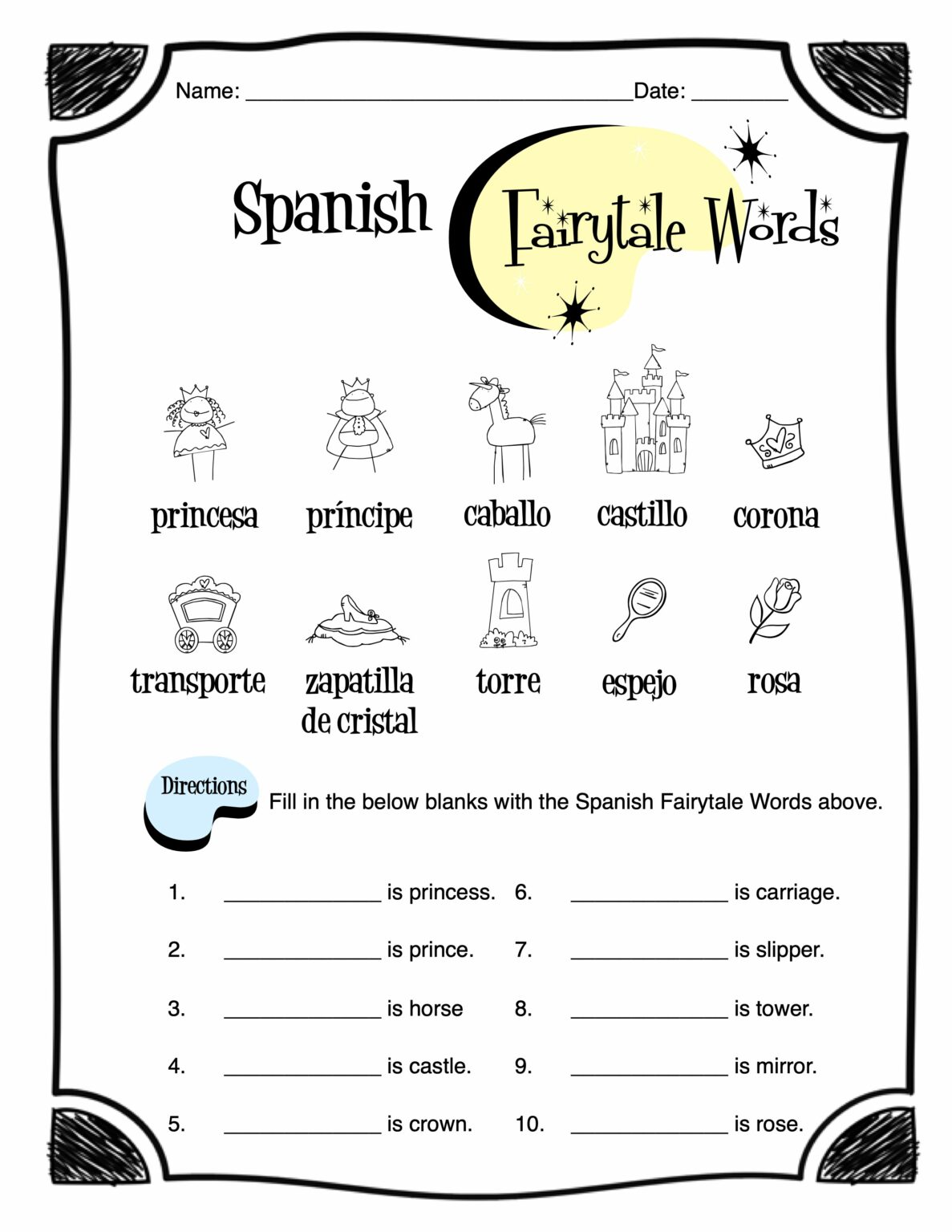 Spanish Fairy Tale Words Worksheet Packet | Made By Teachers