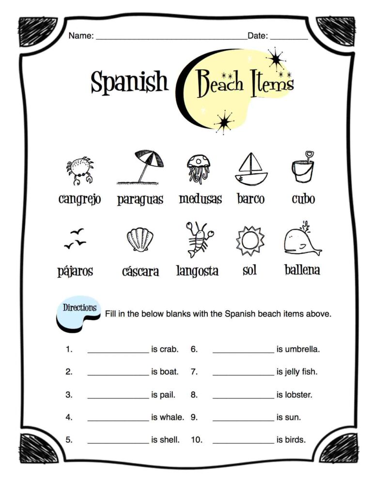 Spanish Beach Words Worksheet Packet | Made By Teachers
