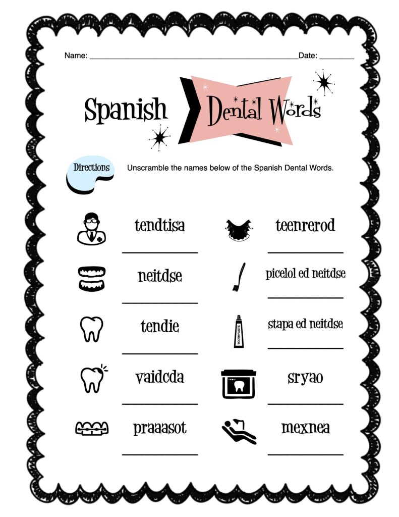 Spanish Dental Words Worksheet Packet | Made By Teachers
