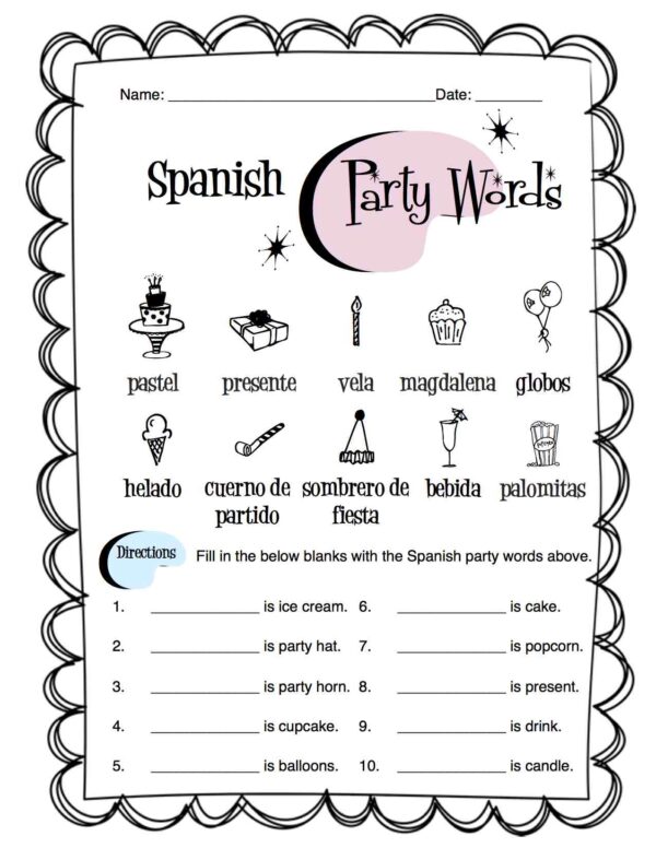 Spanish Party Items Worksheet Packet | Made By Teachers