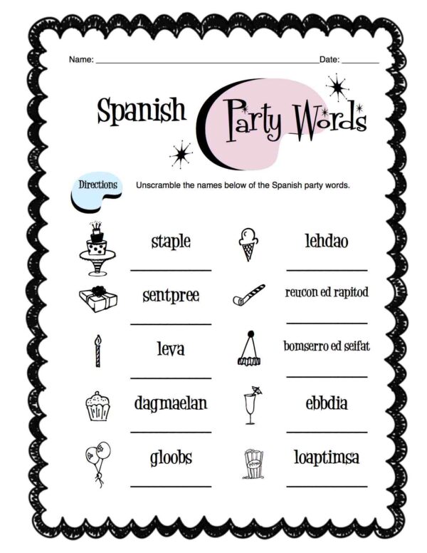 Spanish Party Items Worksheet Packet | Made By Teachers