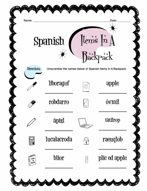 Spanish Items In A Backpack Worksheet Packet | Made By Teachers