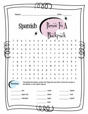 Spanish Items In A Backpack Worksheet Packet | Made By Teachers