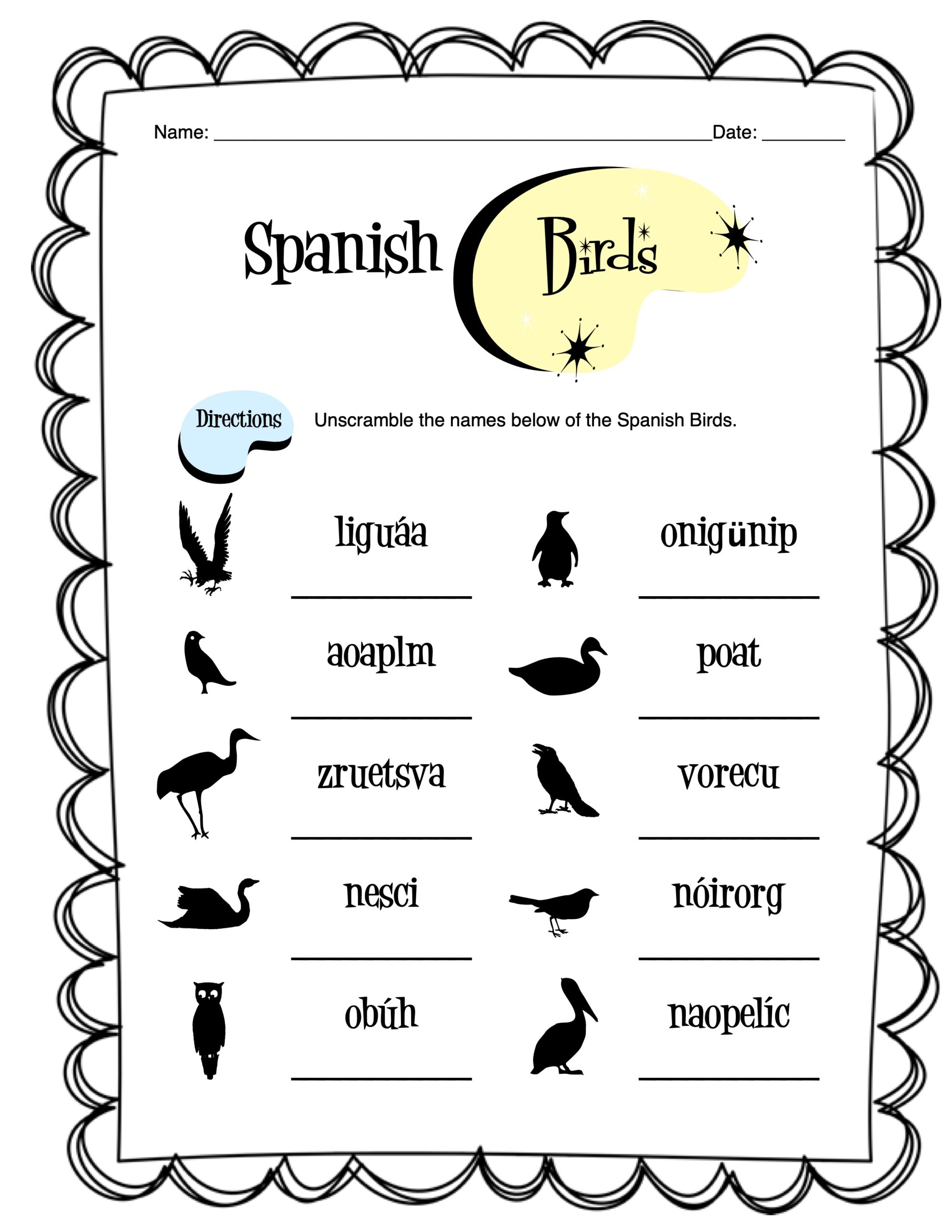 Spanish Birds Worksheet Packet | Made By Teachers