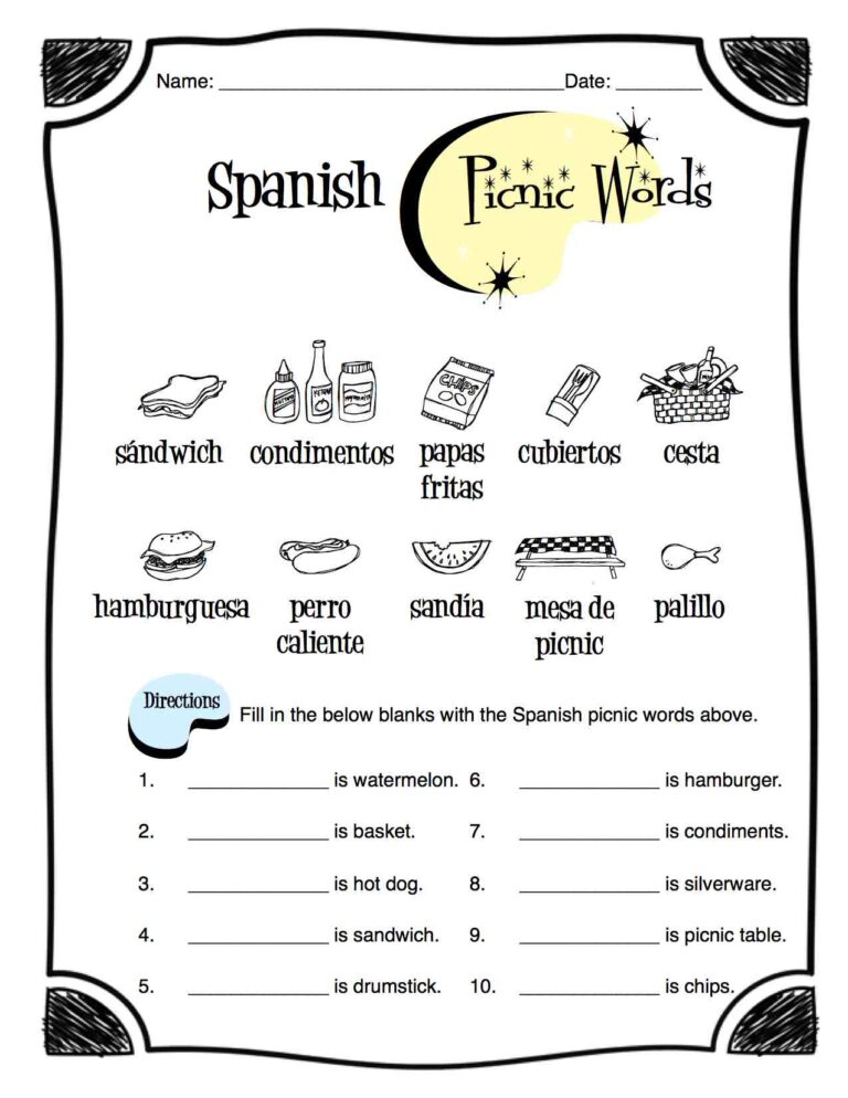 Spanish Picnic Words Worksheet Packet | Made By Teachers