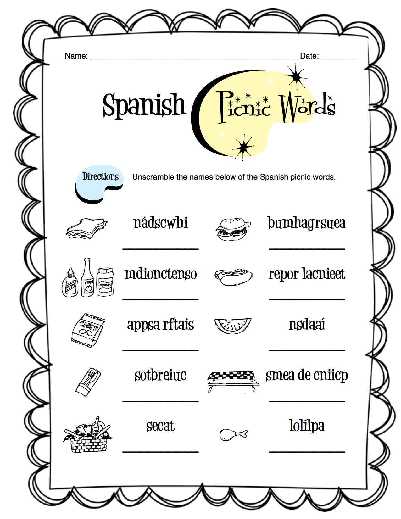 Spanish Picnic Words Worksheet Packet | Made By Teachers