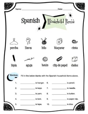 Spanish Household Items Worksheet Packet | Made By Teachers