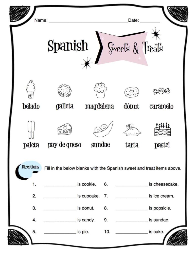 Spanish Sweets & Treats Words Worksheet Packet | Made By Teachers