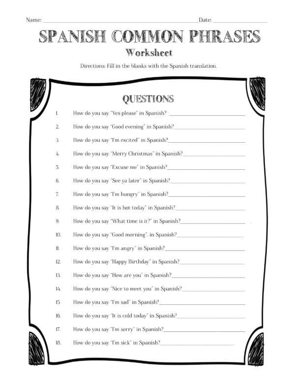 Spanish Common Phrases Information Sheet, Worksheet And Answer Key ...